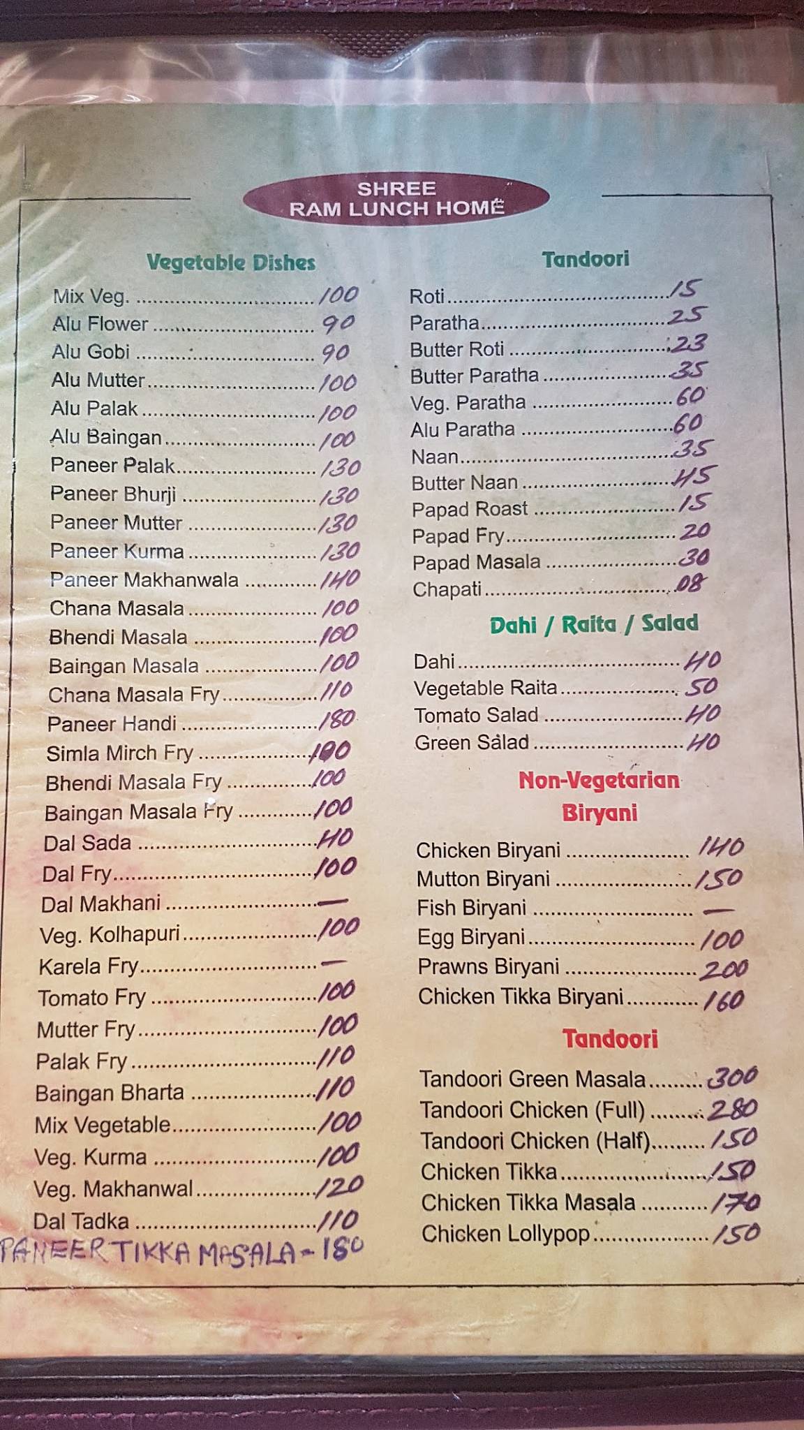 Menu at Shri Ram lunch home, Mumbai, Near