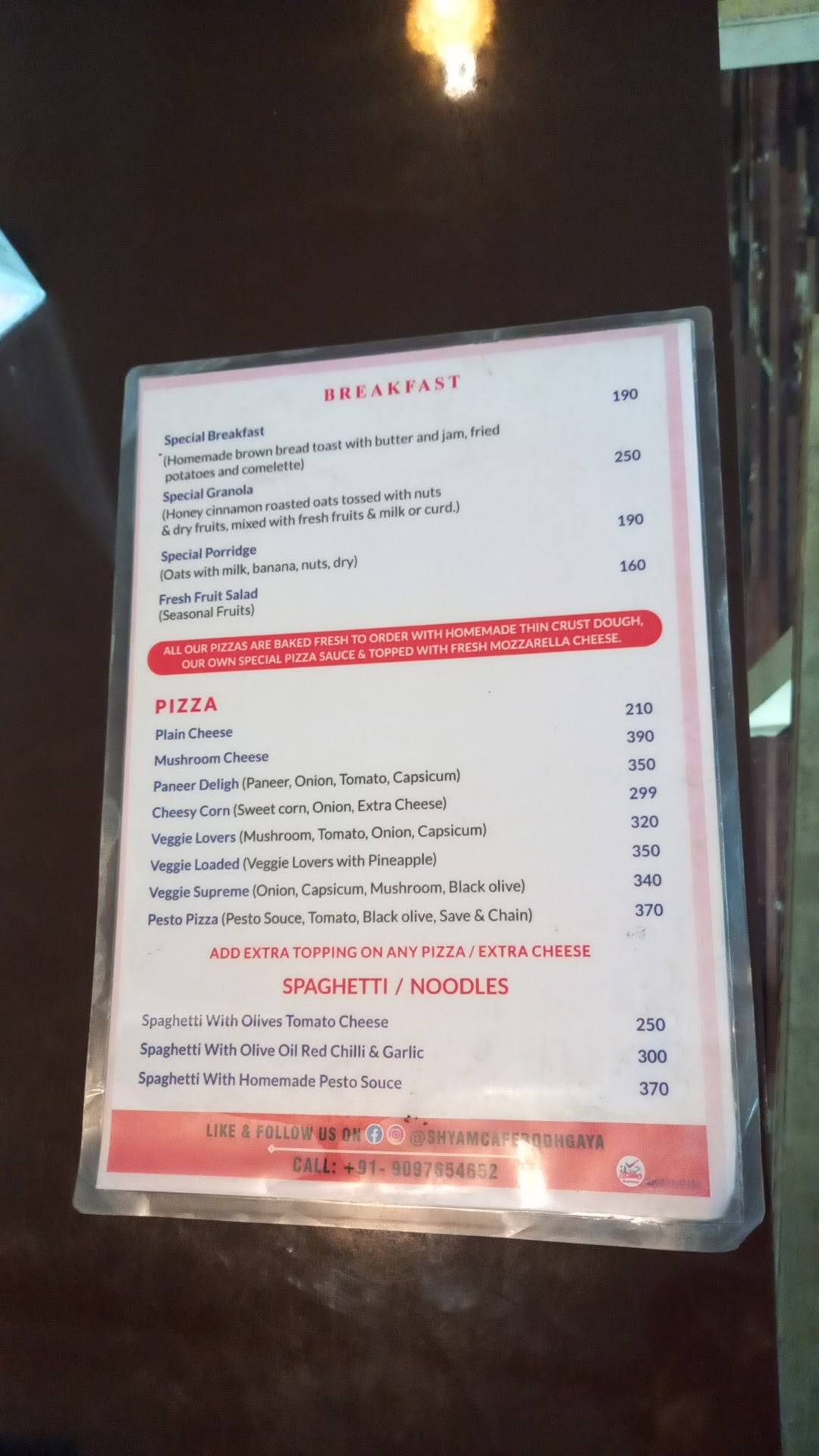 Menu at Shyam cafe, Bodhgaya