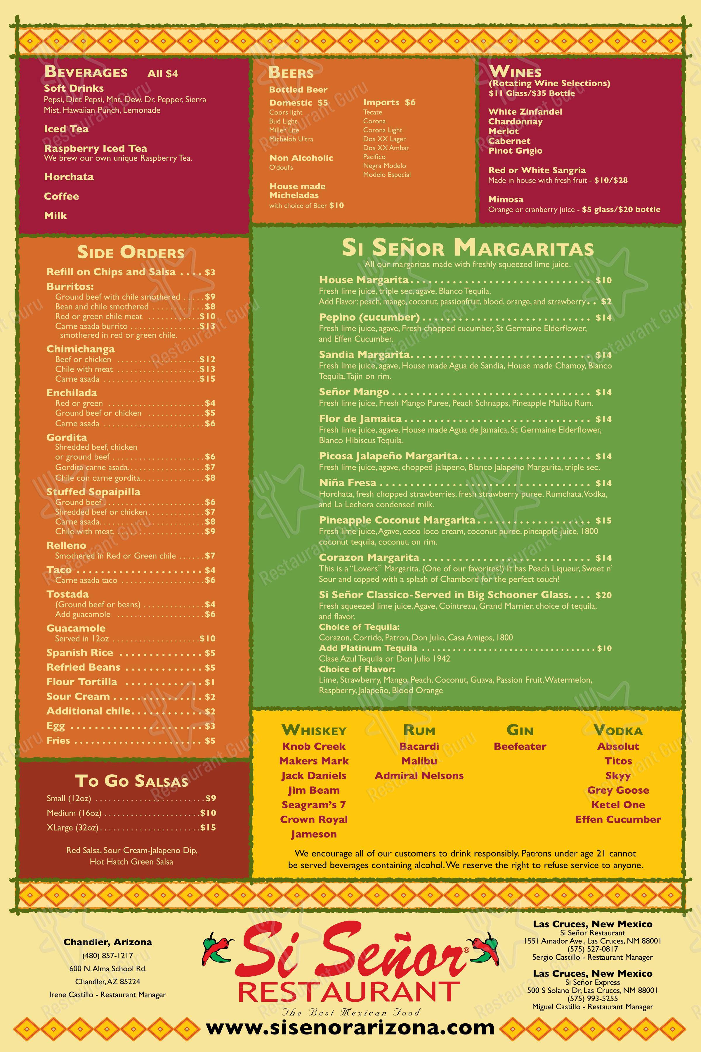 Menu at Si Señor Restaurant of Arizona, Chandler