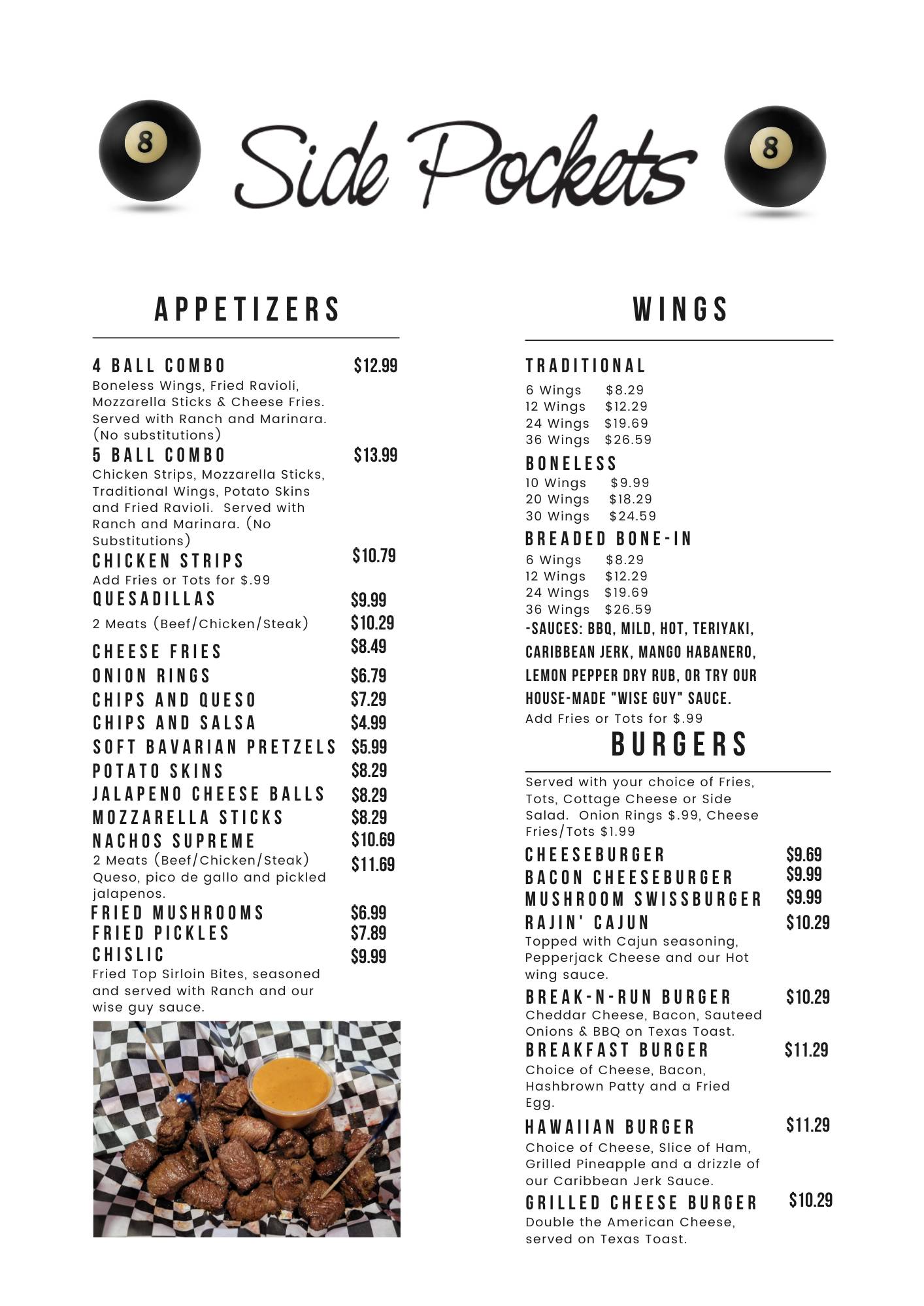 Menu at Side Pockets Restaurant & Sports Bar, Wichita, 614 S Tyler Rd