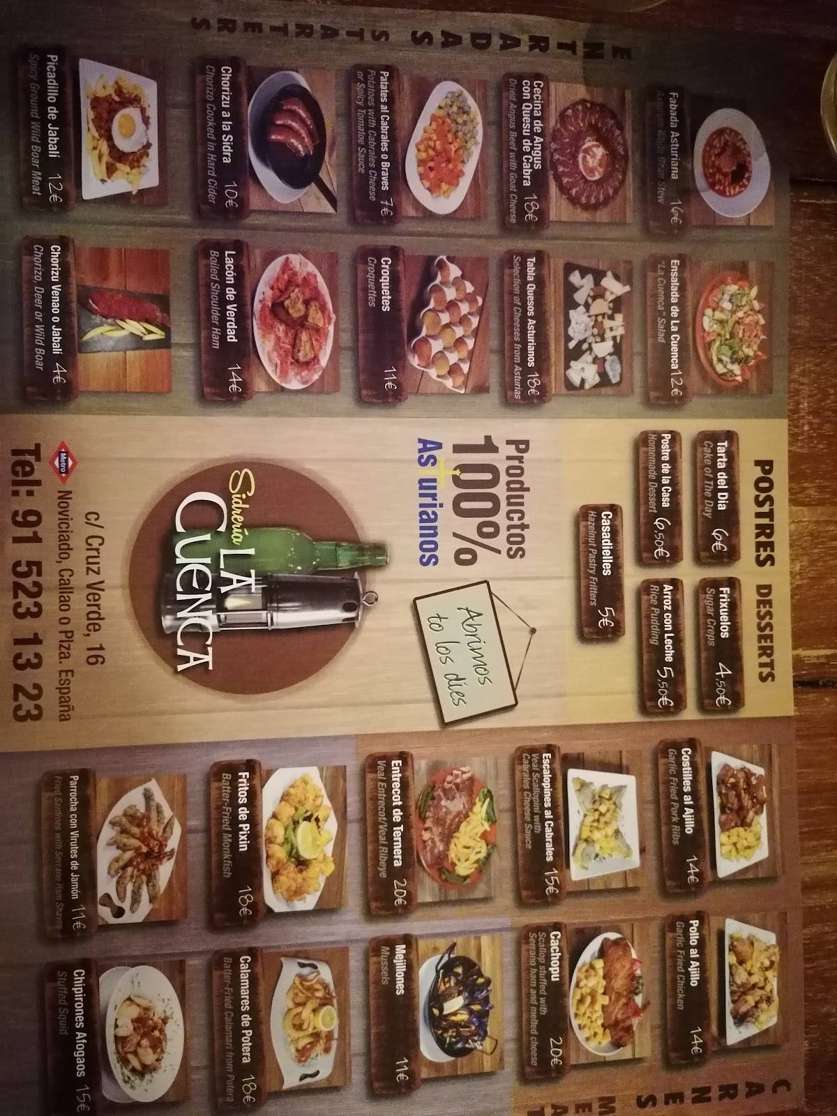 Carta del restaurante Sidrería La Cuenca, Madrid
