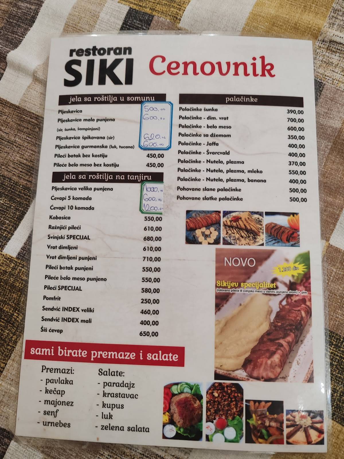 Menu at Siki restaurant, Novi Sad