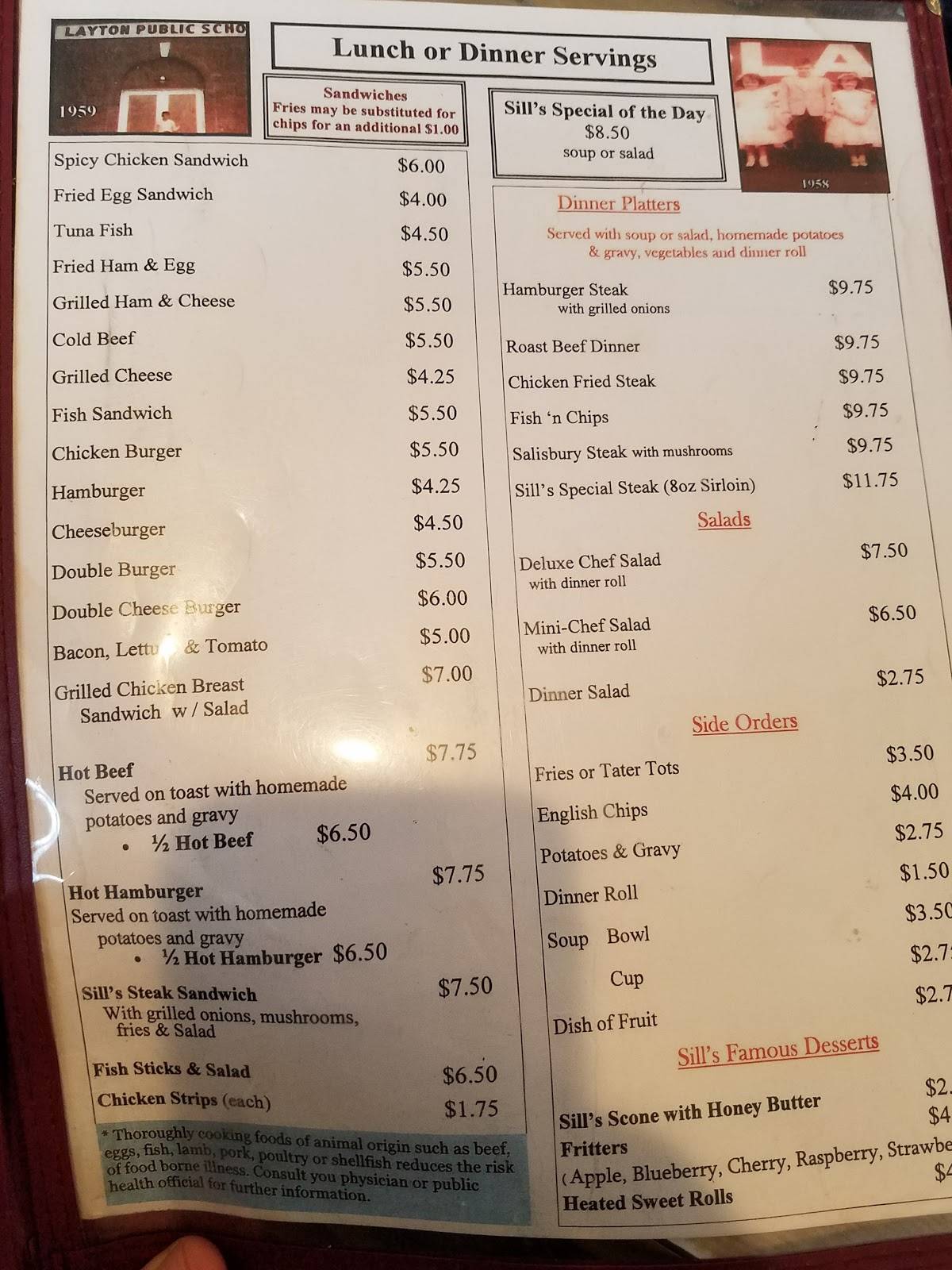 Menu at Sill's Cafe, Layton, 335 E Gentile St