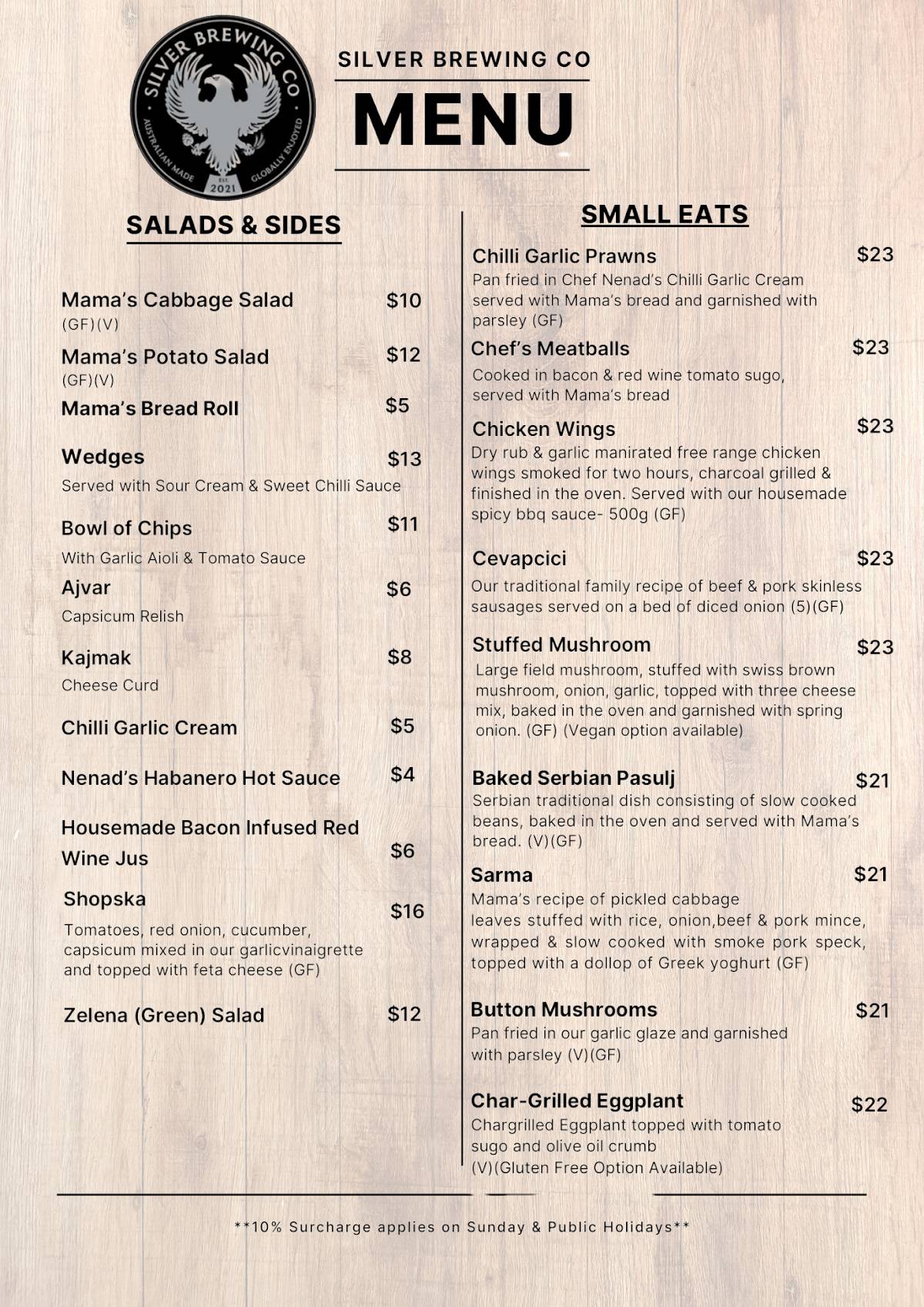 Menu at Silver Brewing Co restaurant, Adelaide