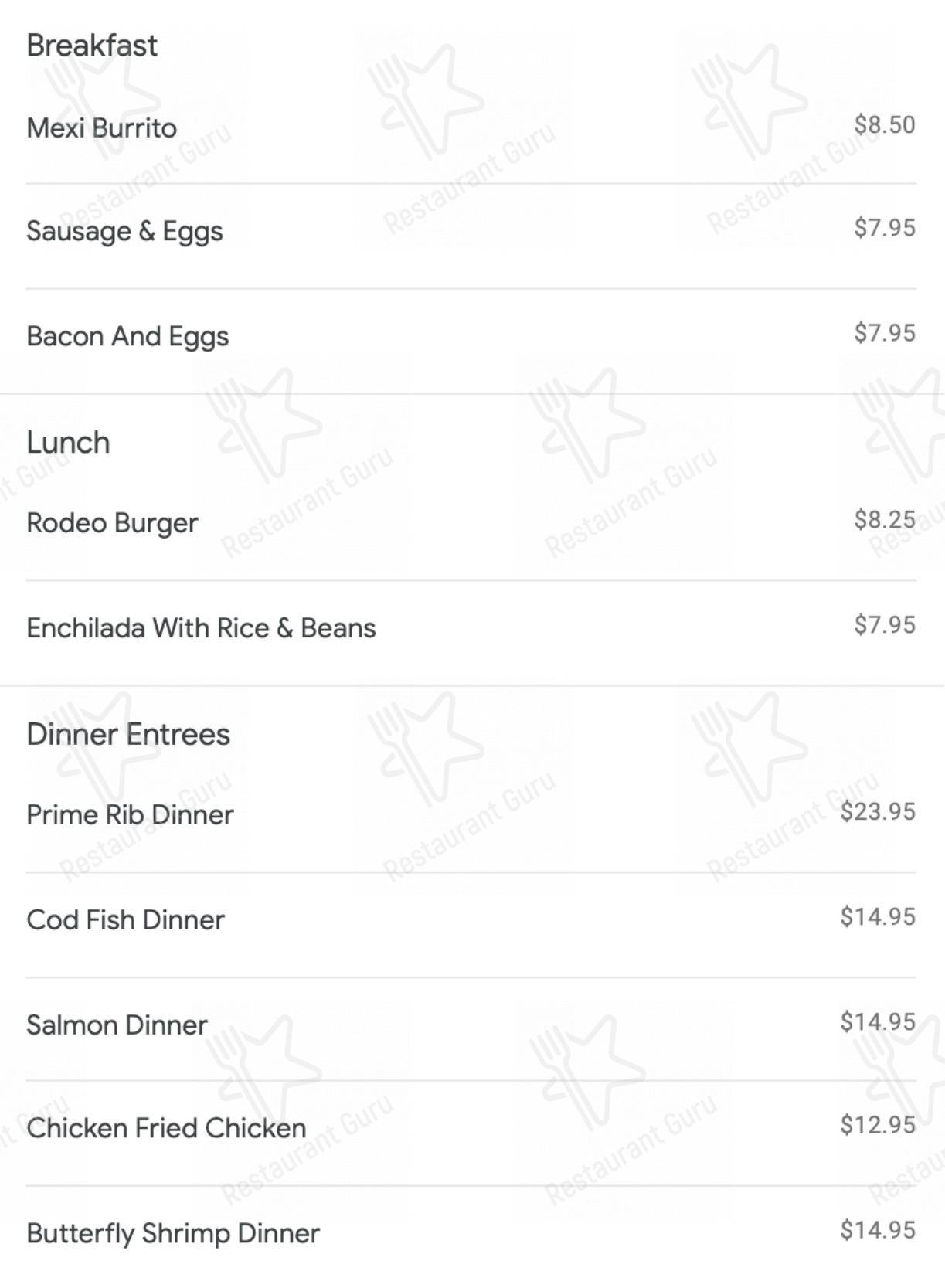 Menu at Silver Saddle Bar & Cafe, Basin