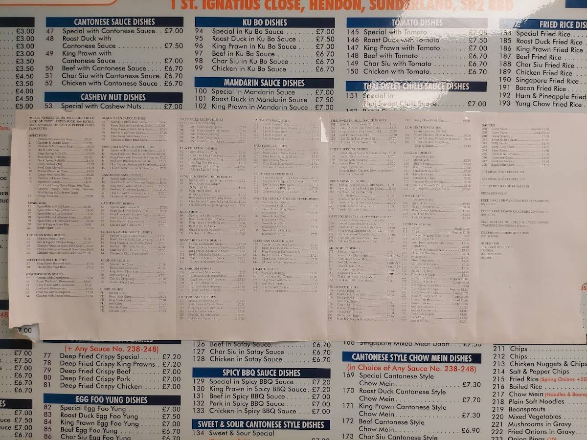 Menu at Silver Star fast food, Sunderland
