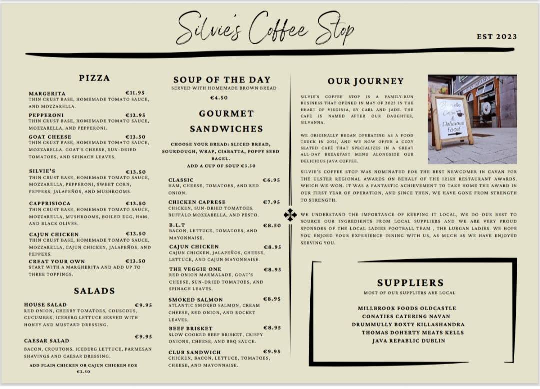 Menu at Silvie's Coffee Stop cafe, Virginia