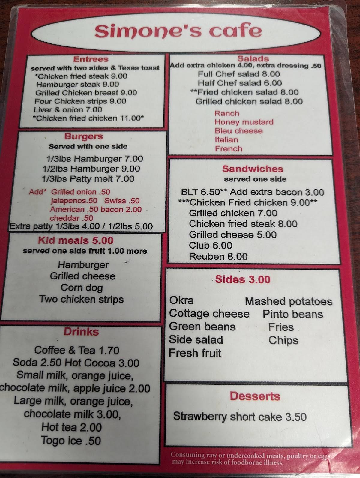 Menu at Simone's Cafe, Guthrie, S Division St