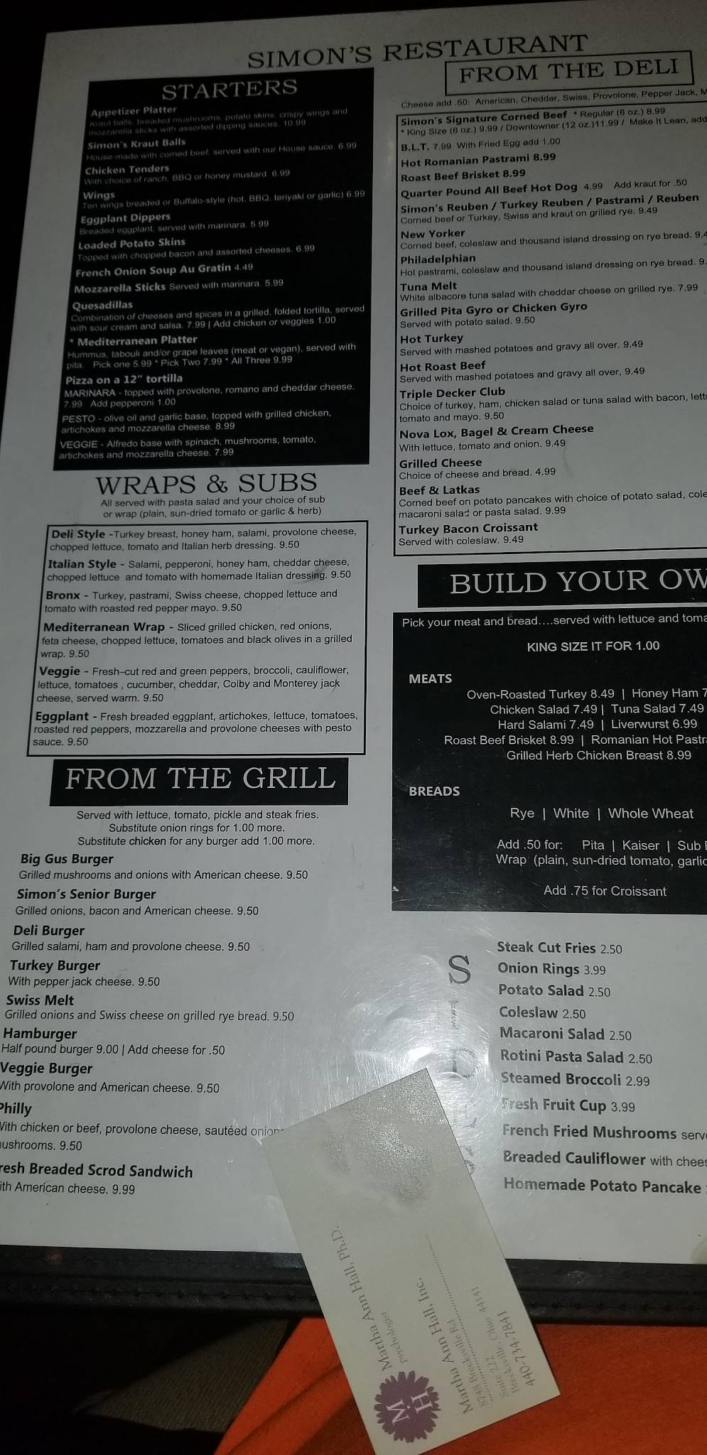 Menu at Simon’s Restaurant & Delicatessen, Brecksville