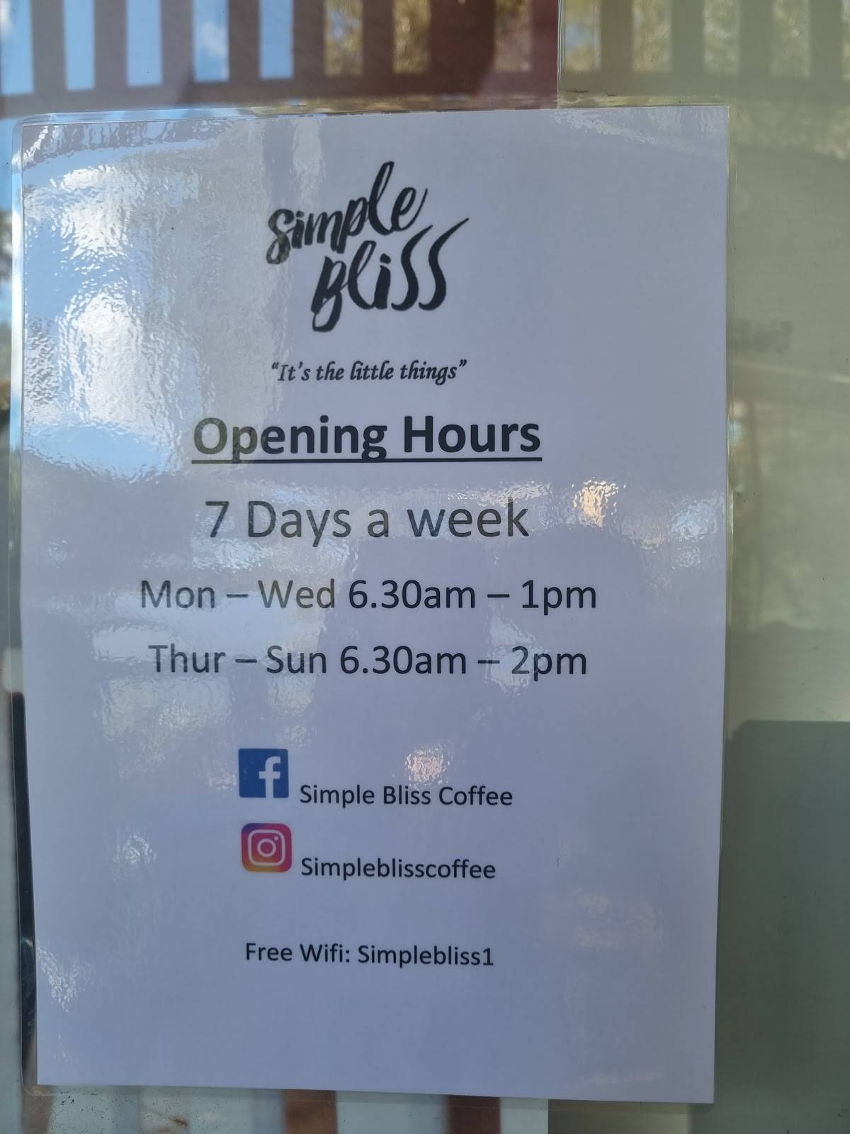 Menu at Simple Bliss Coffee cafe, Forest Lake