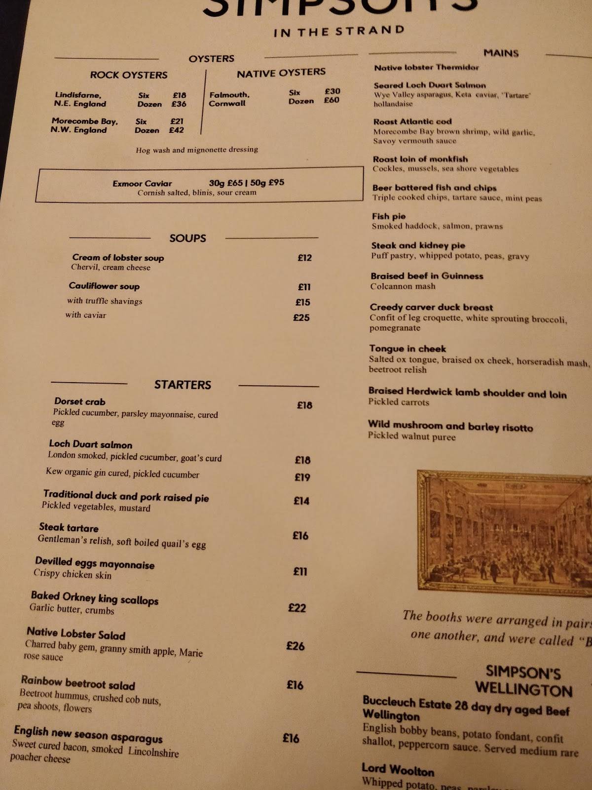 Menu at Simpson's in the Strand restaurant, London