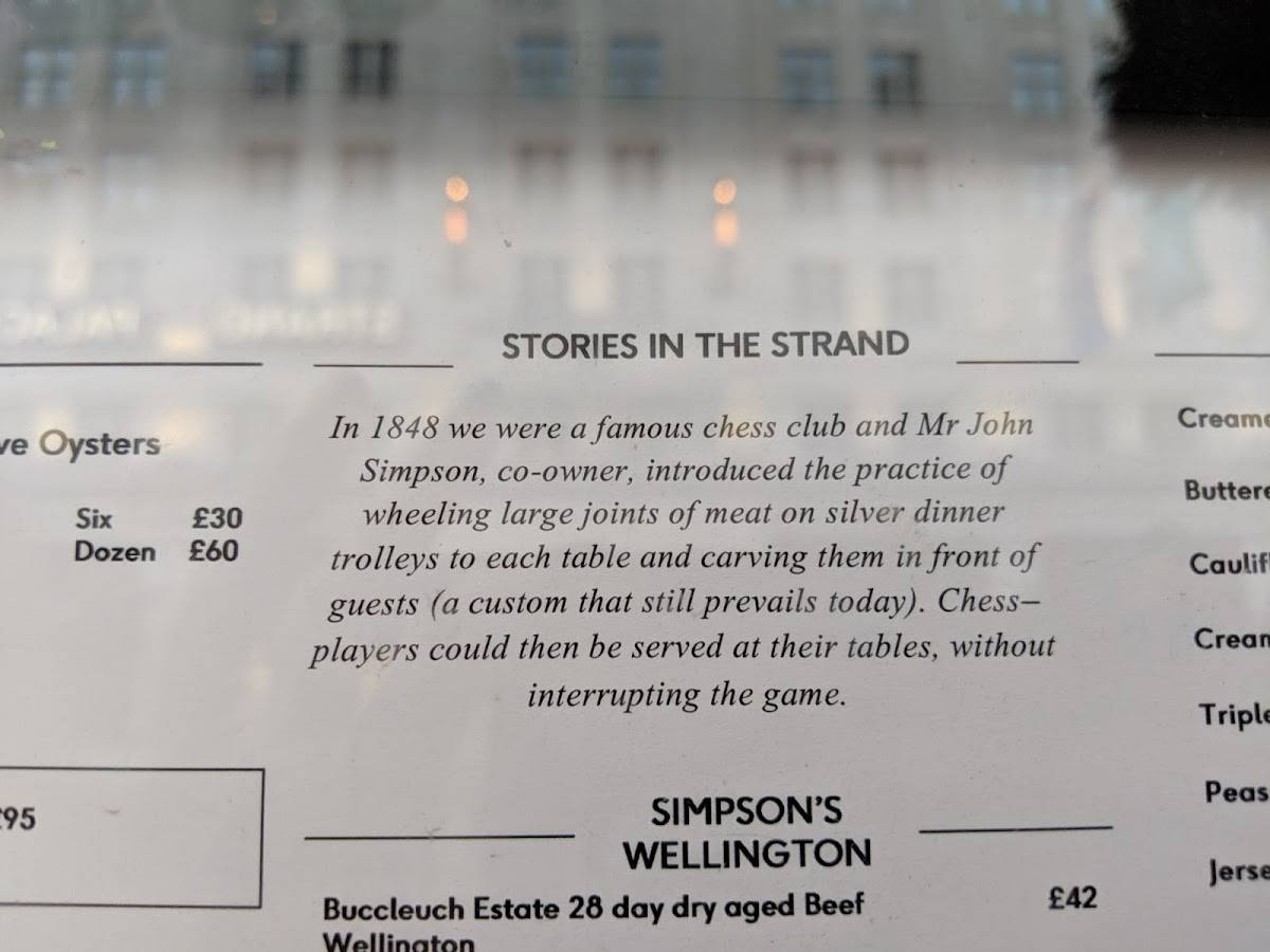 Menu at Simpson's in the Strand restaurant, London