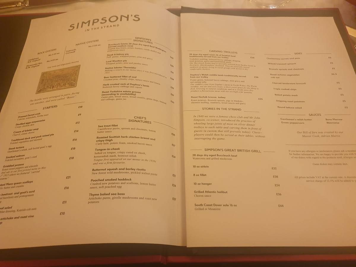 Menu at Simpson's in the Strand restaurant, London