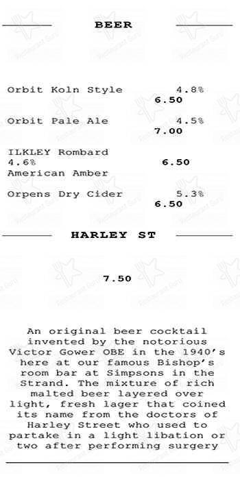 Menu at Simpson's in the Strand restaurant, London