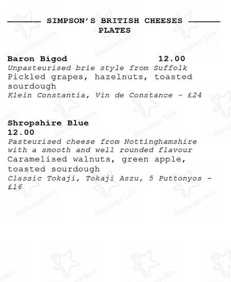 Menu at Simpson's in the Strand restaurant, London