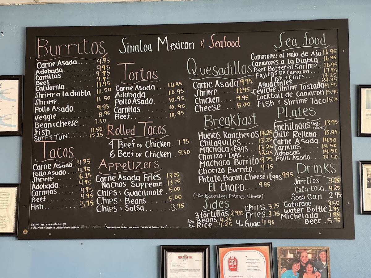 Menu at Sinaloa Mexican & Seafood restaurant, Oceanside