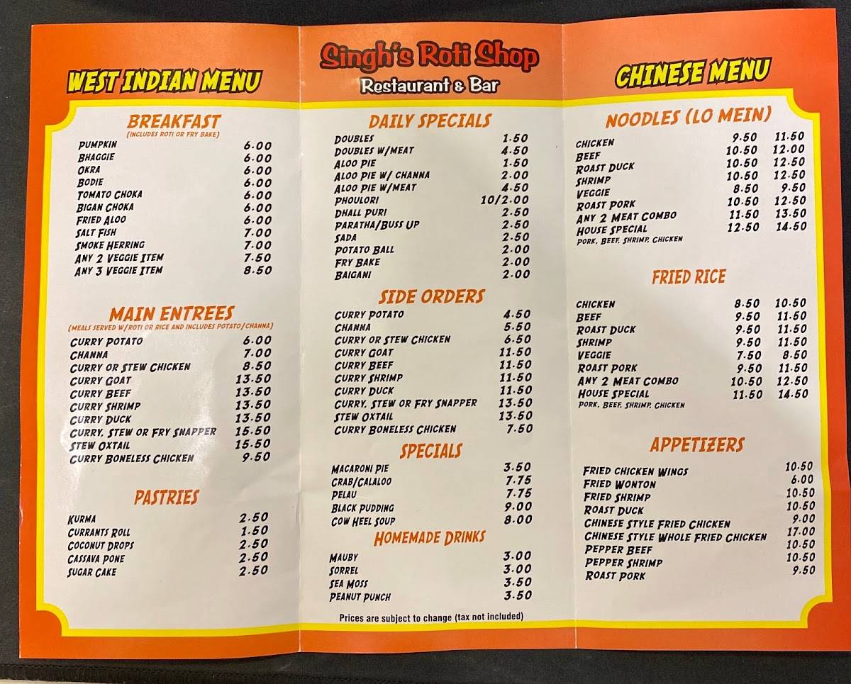 Menu at Singh's Roti Shop pub & bar, Orlando, Old Winter Garden Rd