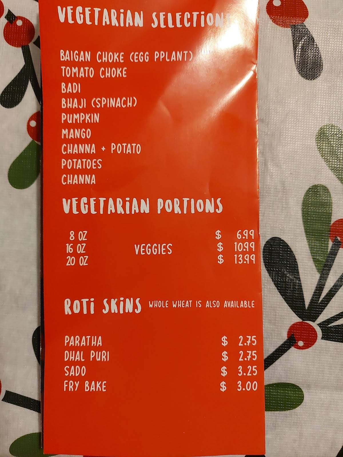 Menu at Singh's Roti and Doubles restaurant, Whitby