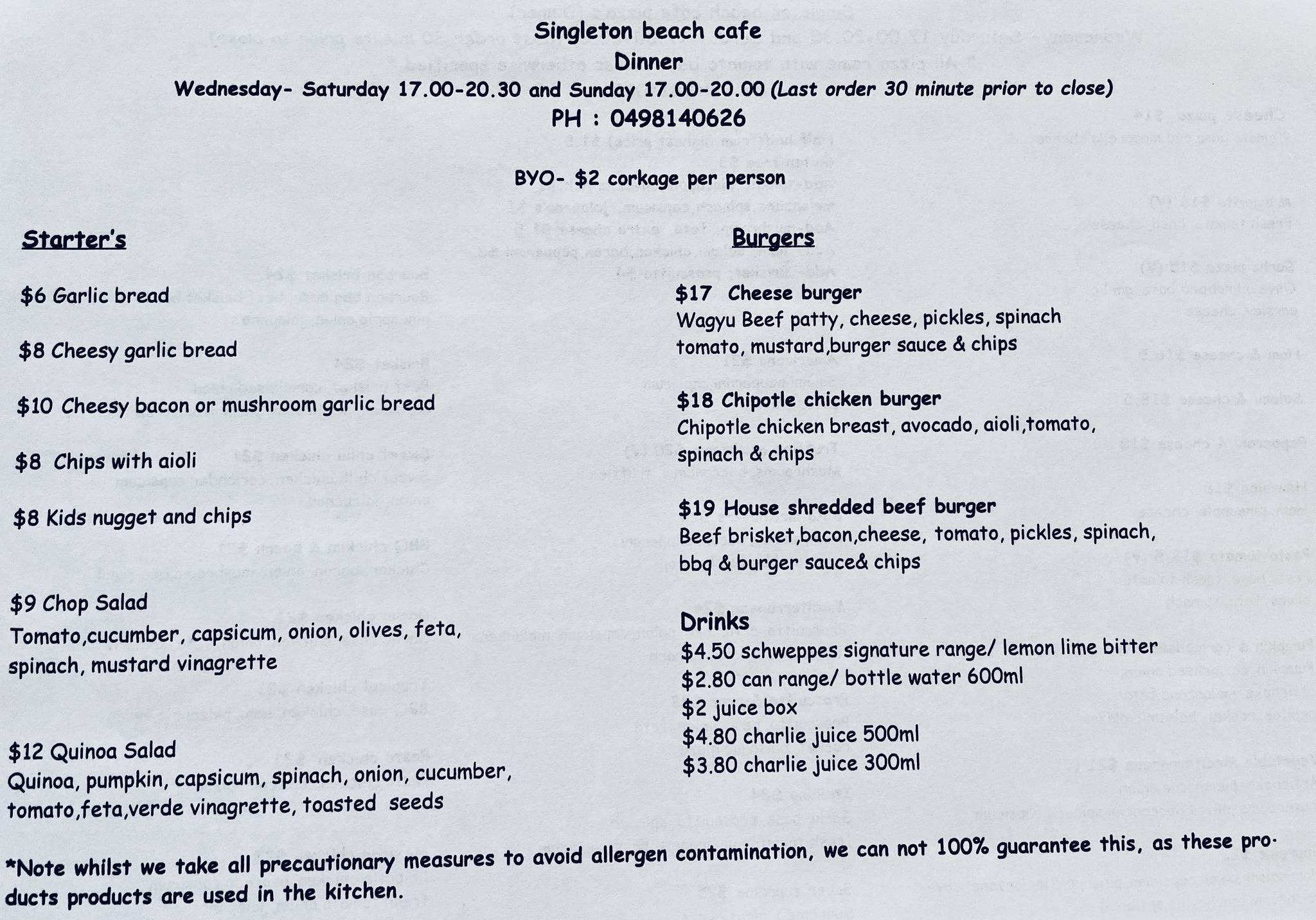 Menu at Singleton Beach Cafe, Singleton