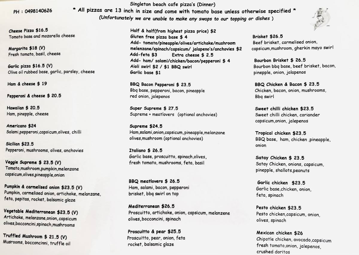 Menu at Singleton Beach Cafe, Singleton
