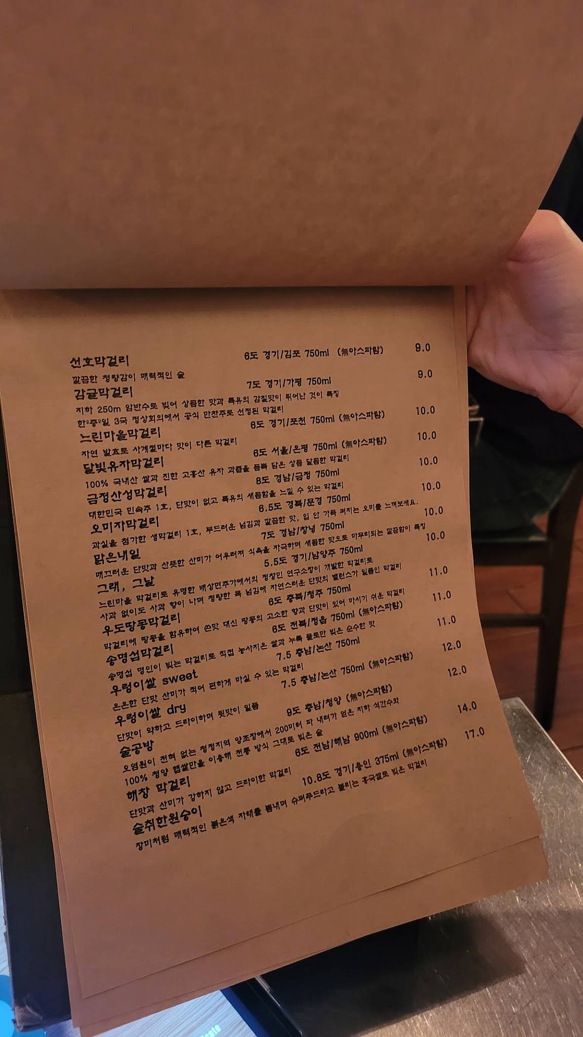 Menu at Sinsajeon restaurant, Seoul