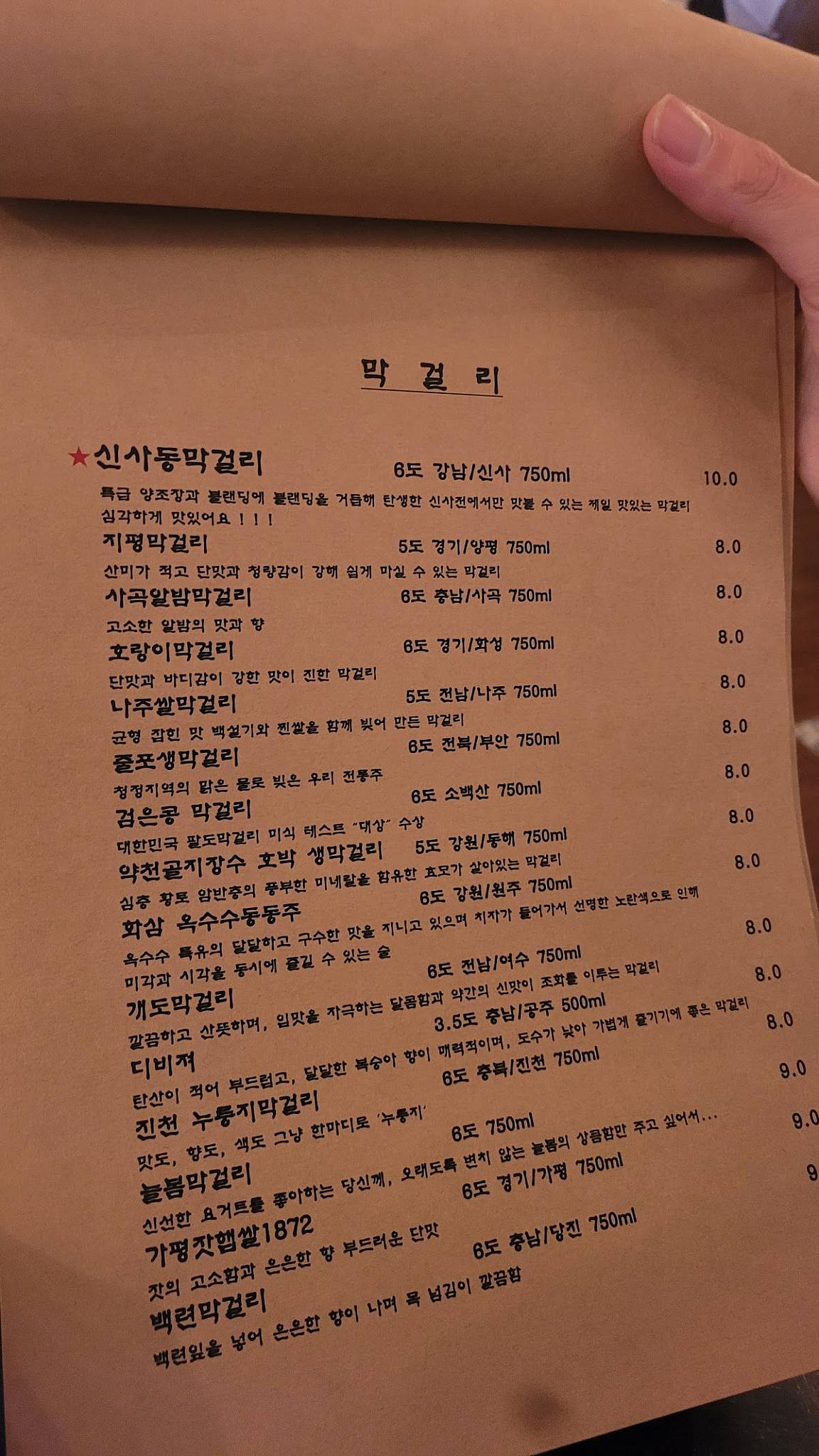 Menu at Sinsajeon restaurant, Seoul