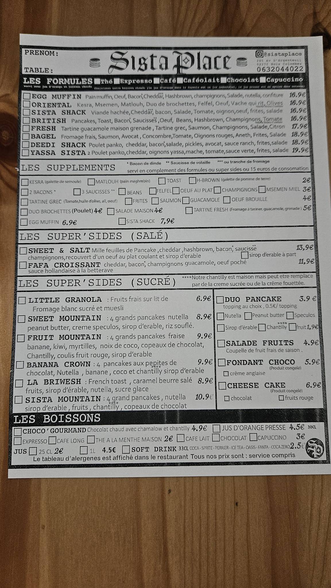Menu au Sista Place restaurant, Bois-Colombes, 203 Av. d'Argenteuil
