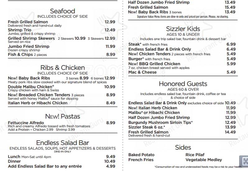 Menu at Sizzler steakhouse, Albany, Santiam Hwy SE
