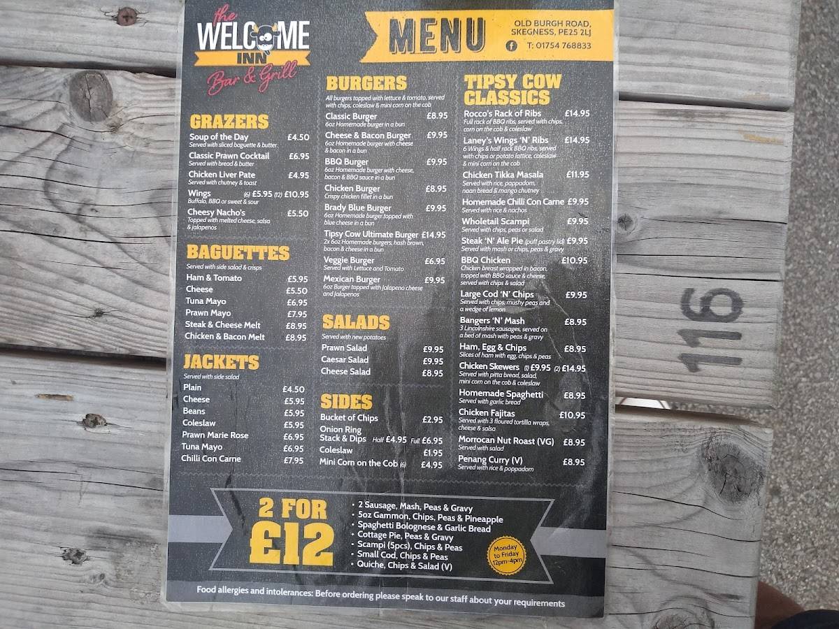 Menu at The Welcome Inn pub & bar, Skegness, Burgh Old Rd
