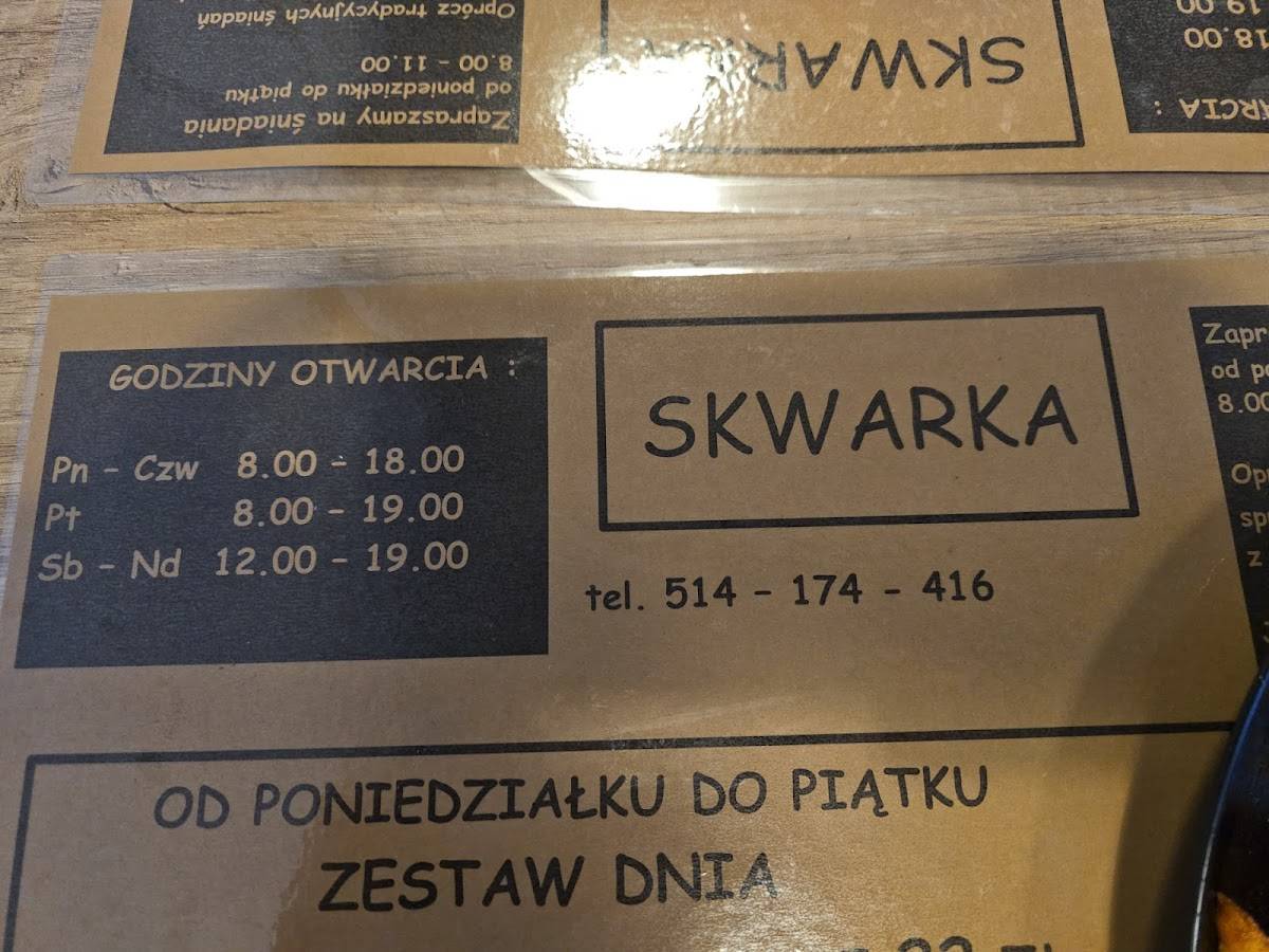Menu at Skwarka, Torun