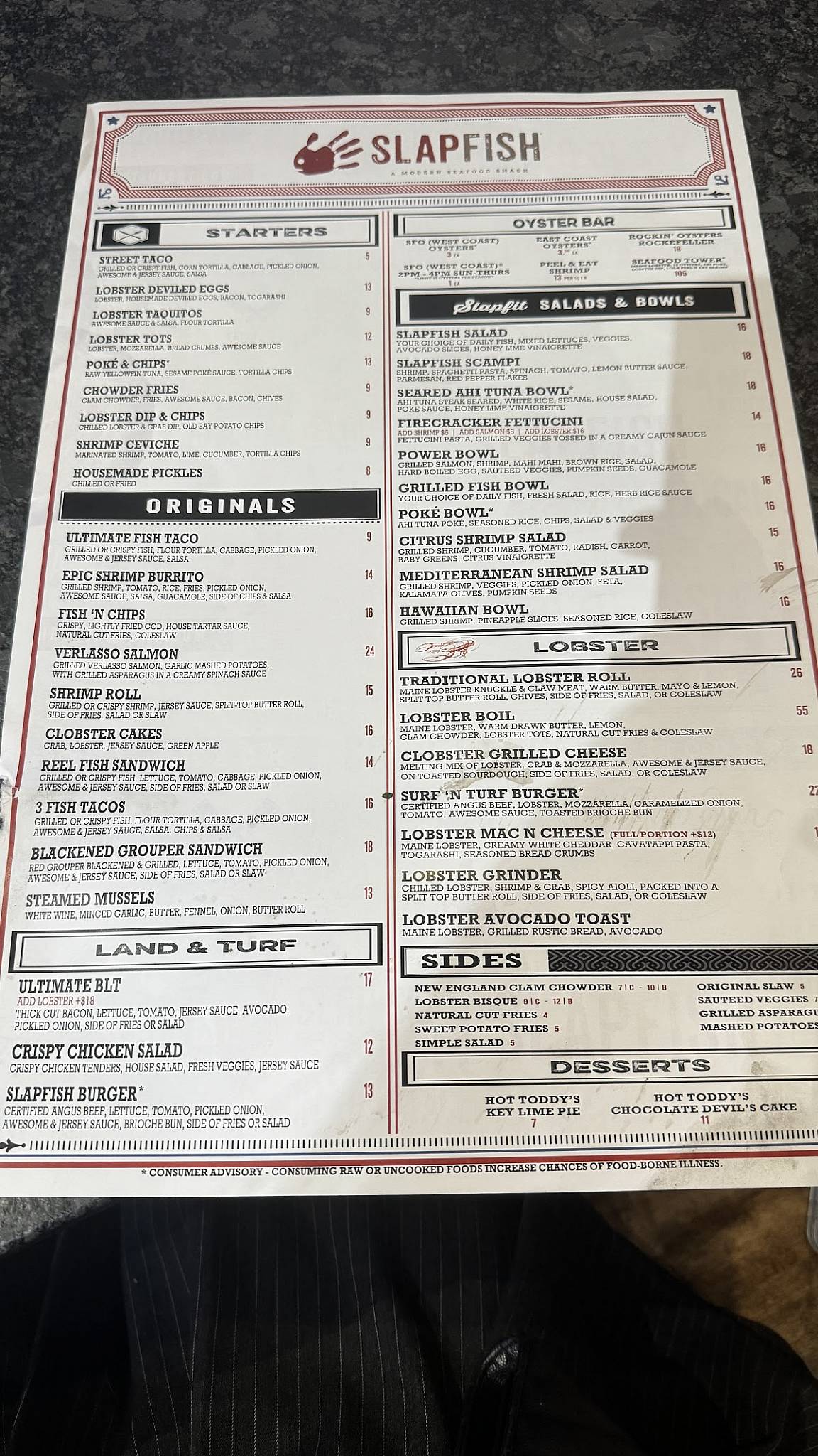 Menu at Slapfish restaurant, Indianapolis, 345 Massachusetts Ave