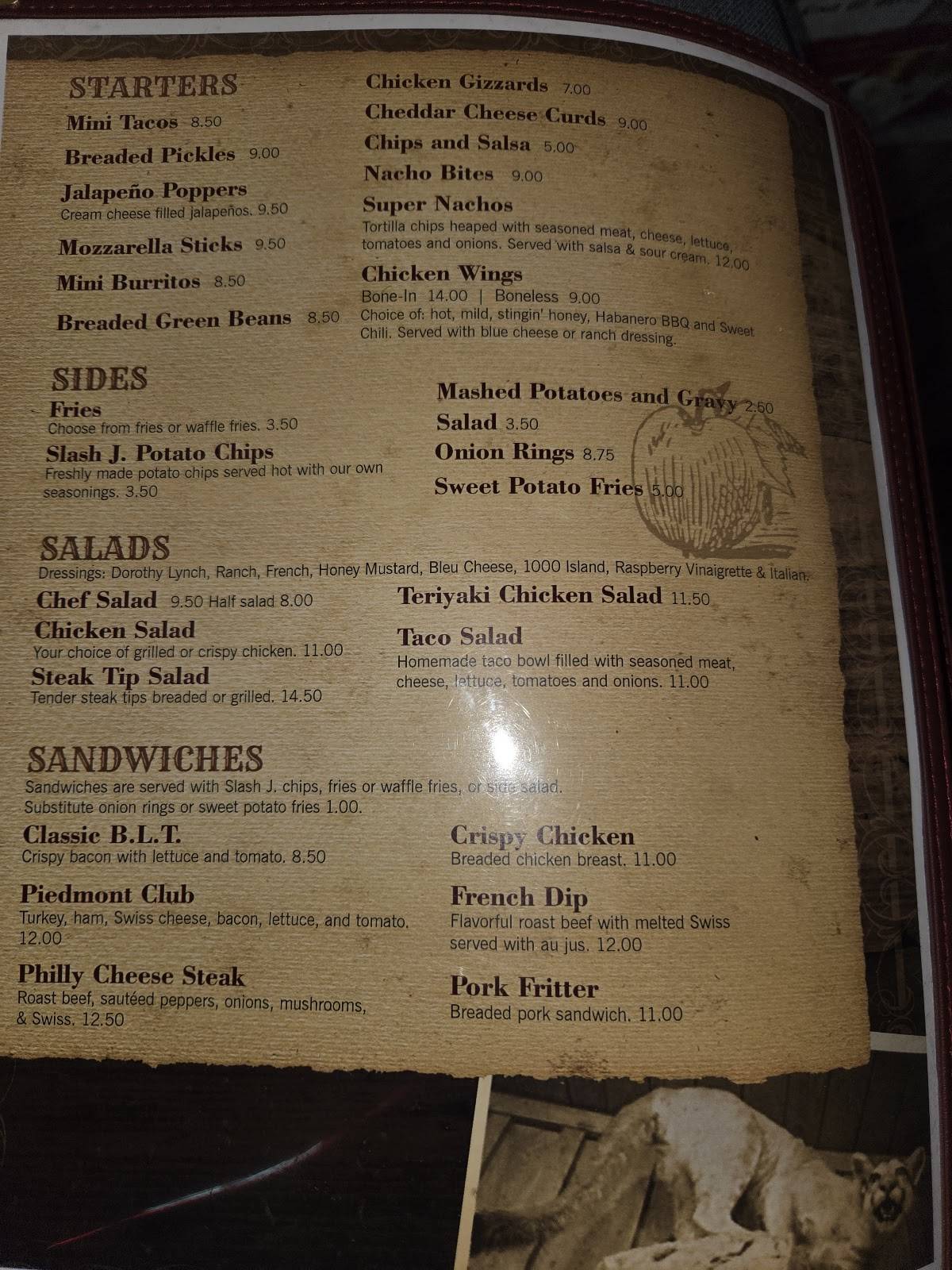 Menu at Slash J Saloon pub & bar, Summerset