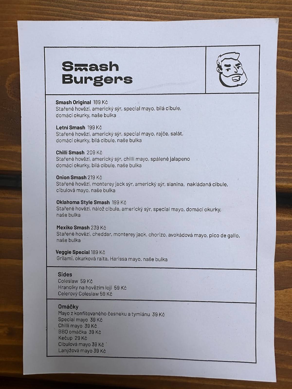 Menu at Smash Burgers restaurant, Brno