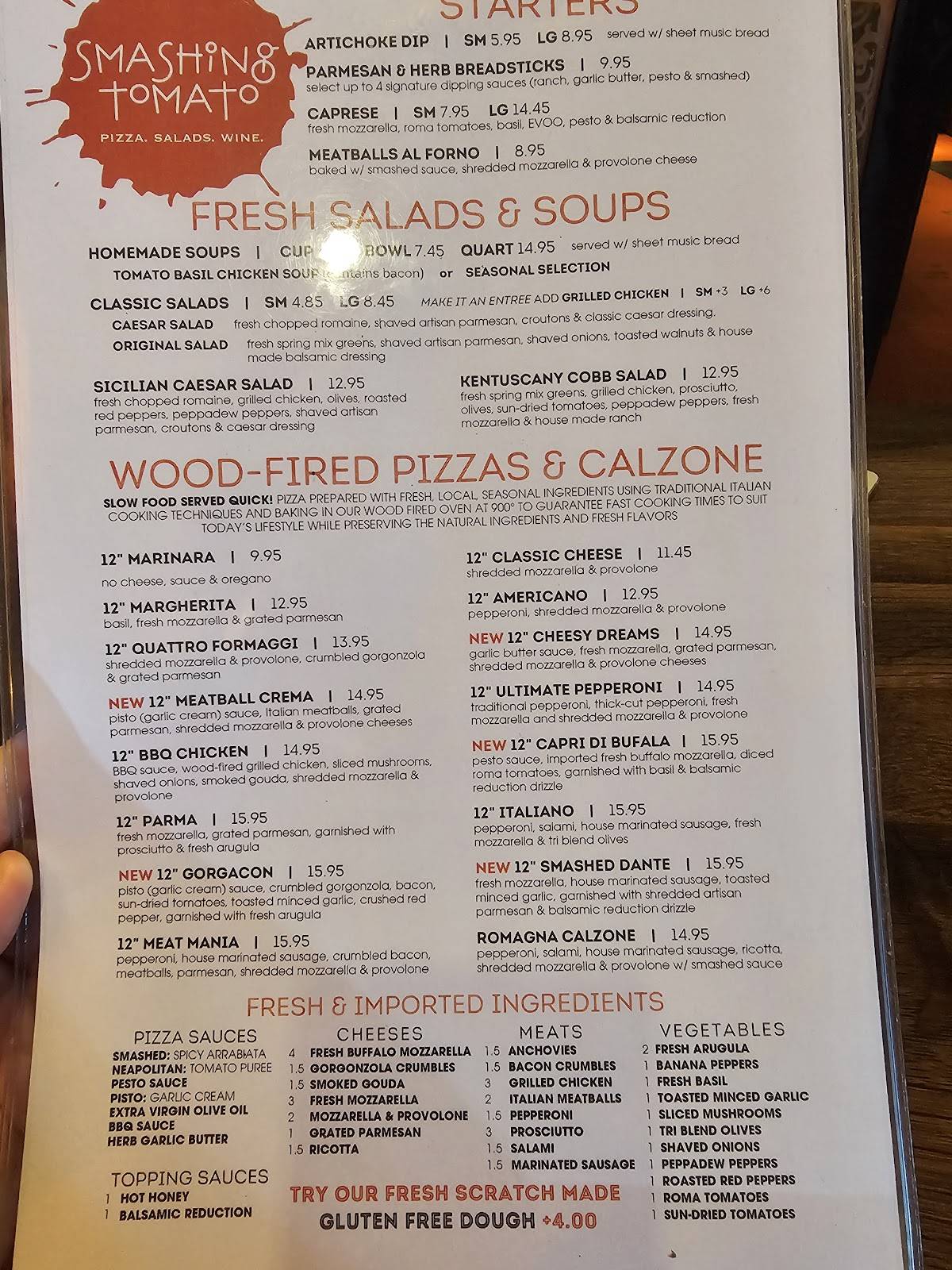 Menu at Smashing Tomato Pizzeria at Hamburg, Lexington, War Admiral Way