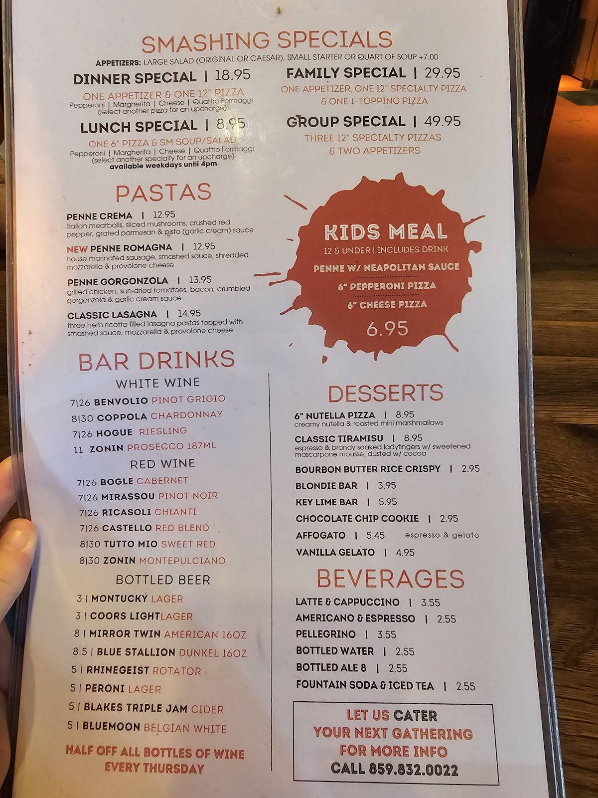 Menu at Smashing Tomato Pizzeria at Hamburg, Lexington, War Admiral Way