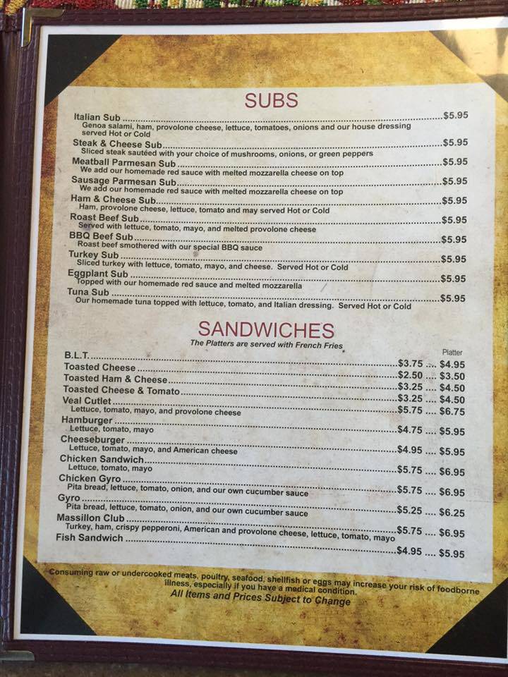 Menu at Smiley's pizzeria, Massillon