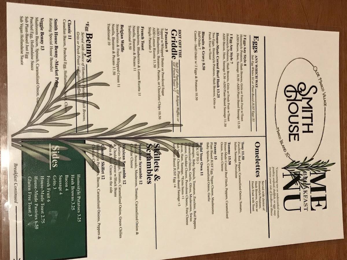 Menu at Smith House restaurant, Marco Island