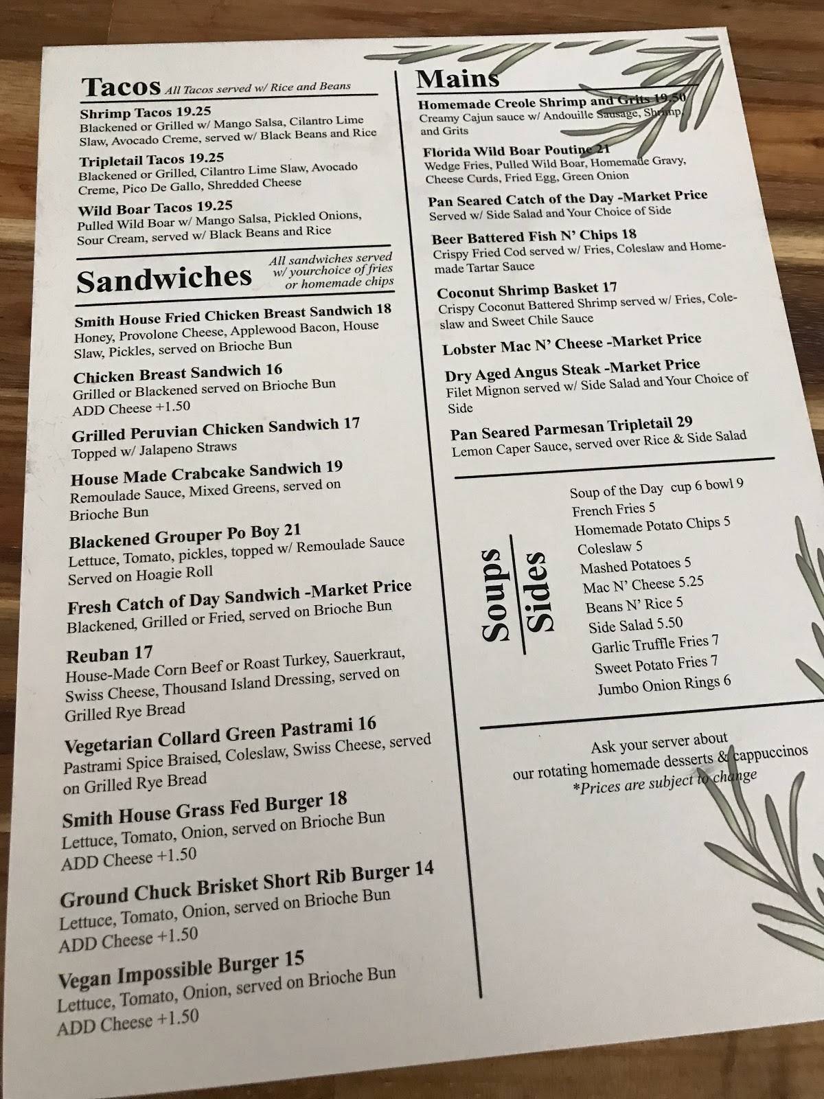Menu at Smith House restaurant, Marco Island