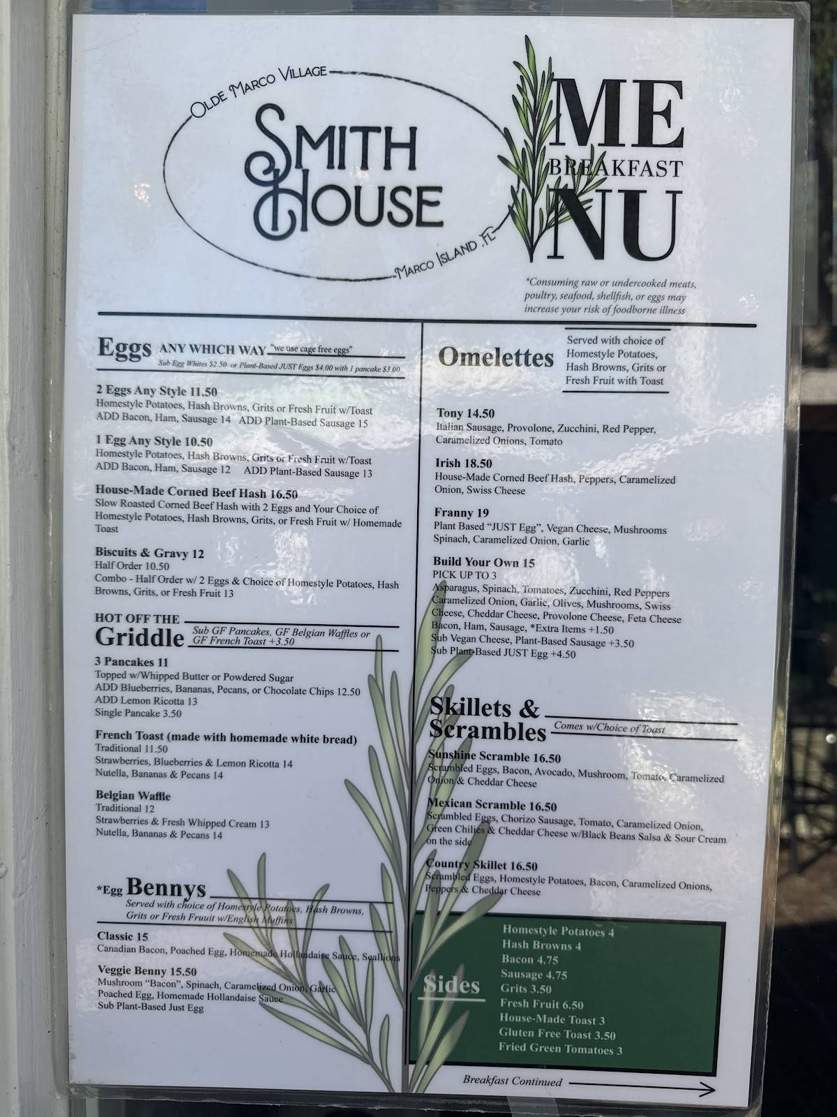 Menu at Smith House restaurant, Marco Island
