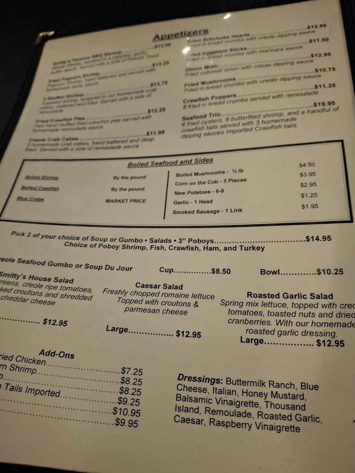 Menu at Smitty's Seafood restaurant, Kenner, W Esplanade Ave