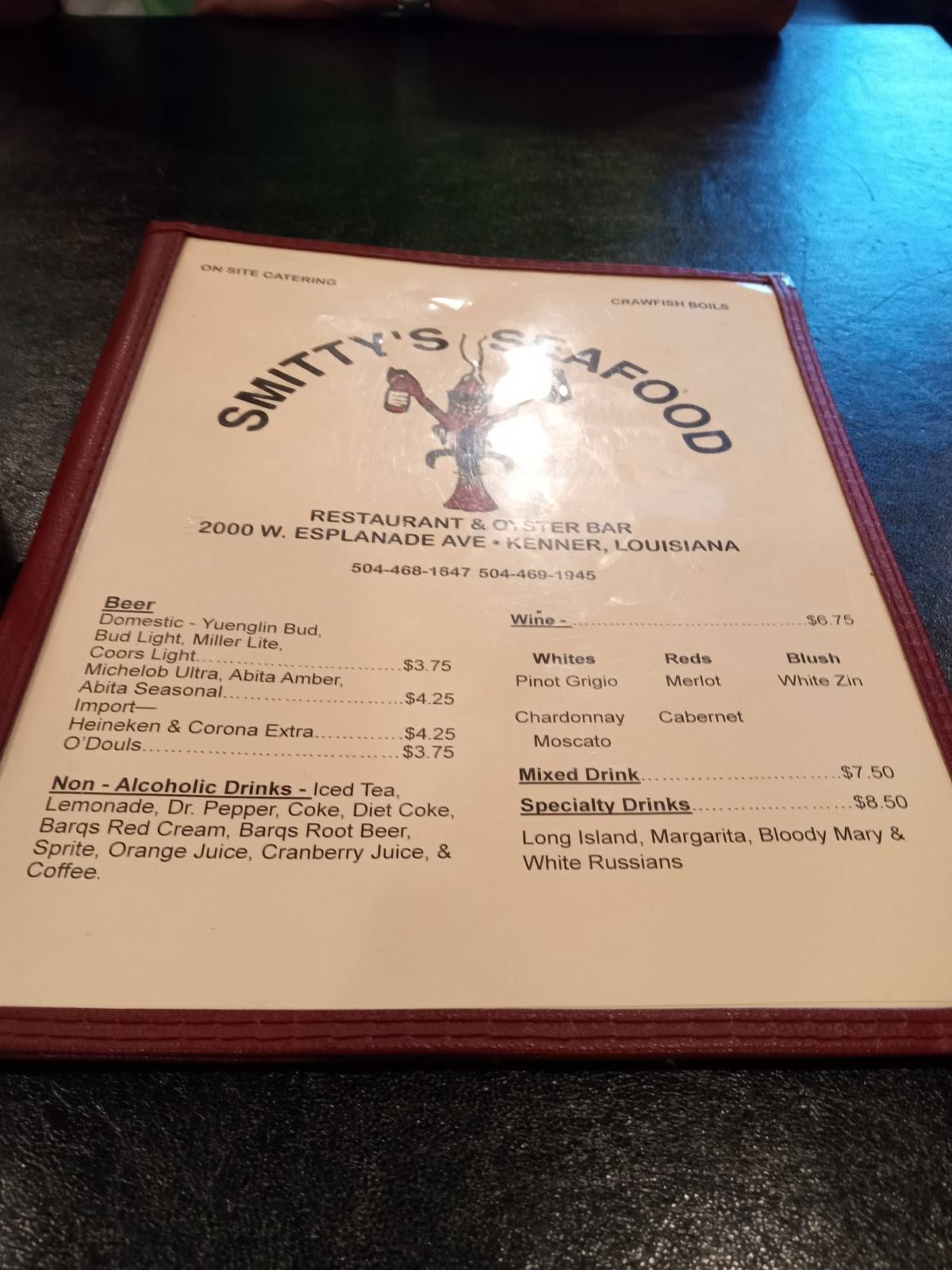 Menu at Smitty's Seafood restaurant, Kenner, W Esplanade Ave