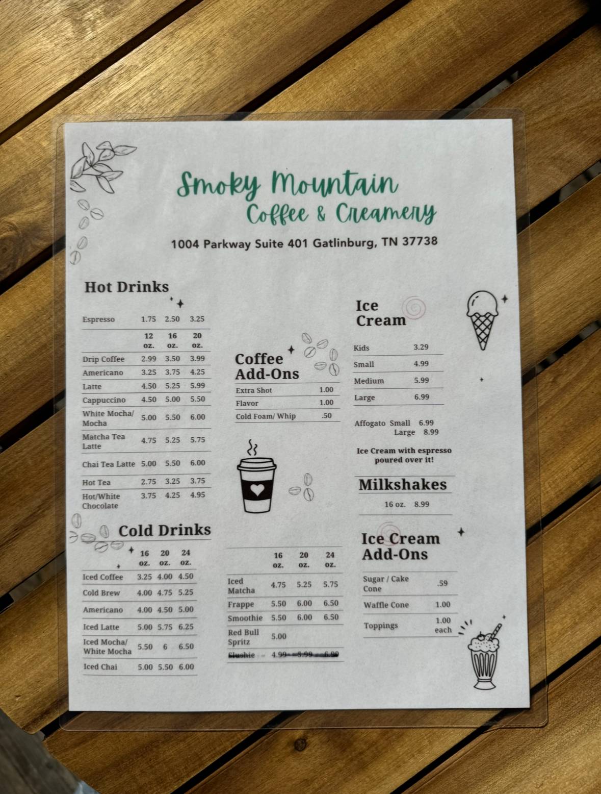 Menu at Smoky Mountain Coffee & Creamery cafe, Gatlinburg