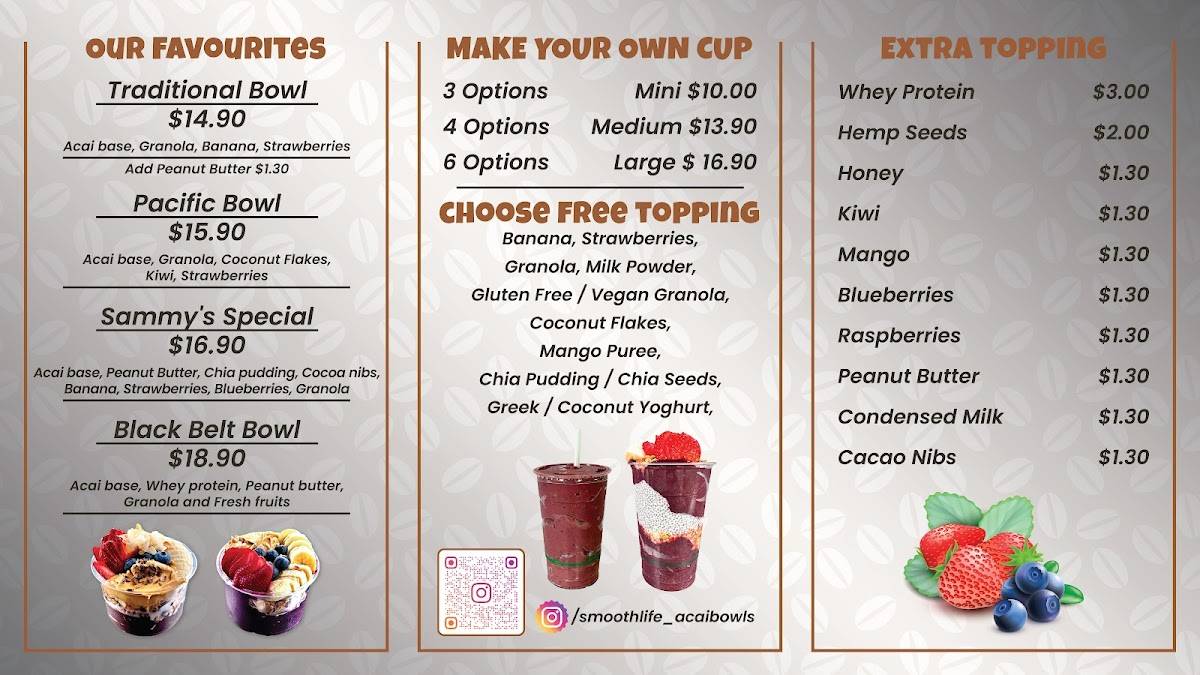 Menu at Smoothlife Acai bowls cafe, Albion