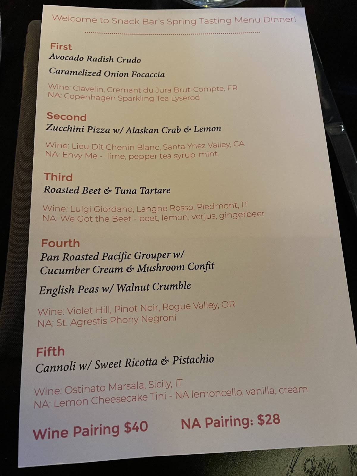 Carta de Snack Bar, Minneapolis