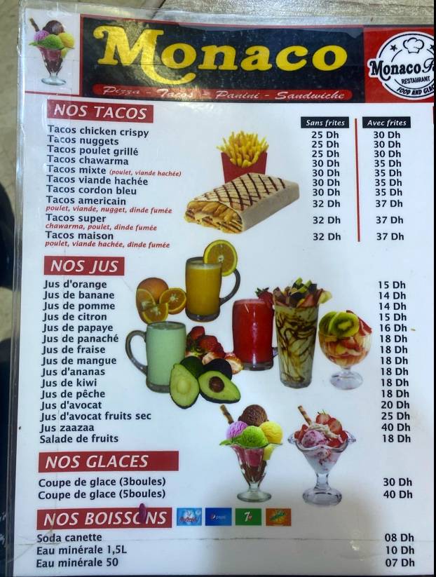 Menu au Snack Glacier Monaco restaurant, Casablanca