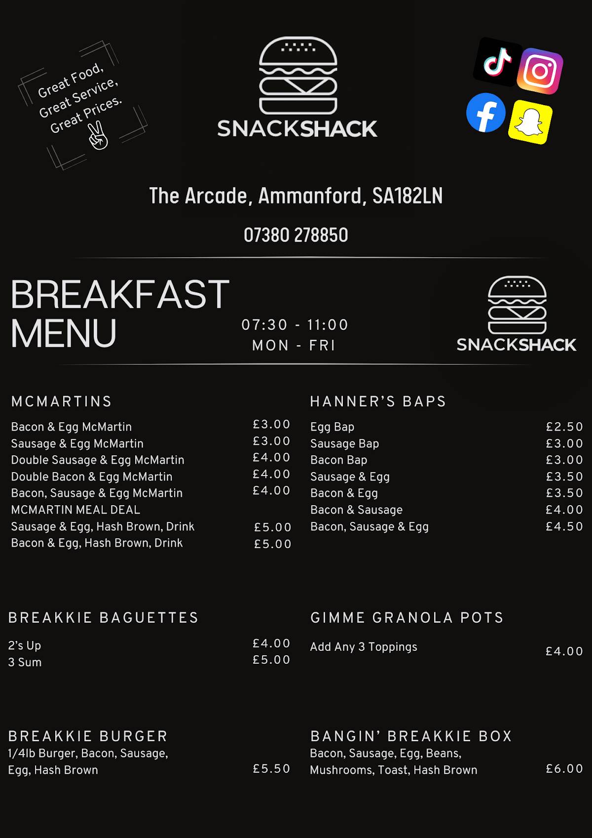 Menu at Snack Shack AF restaurant, Ammanford