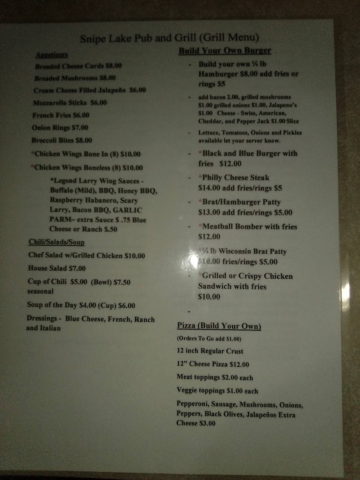 Menu at Snipe Lake Pub & Grill, USA