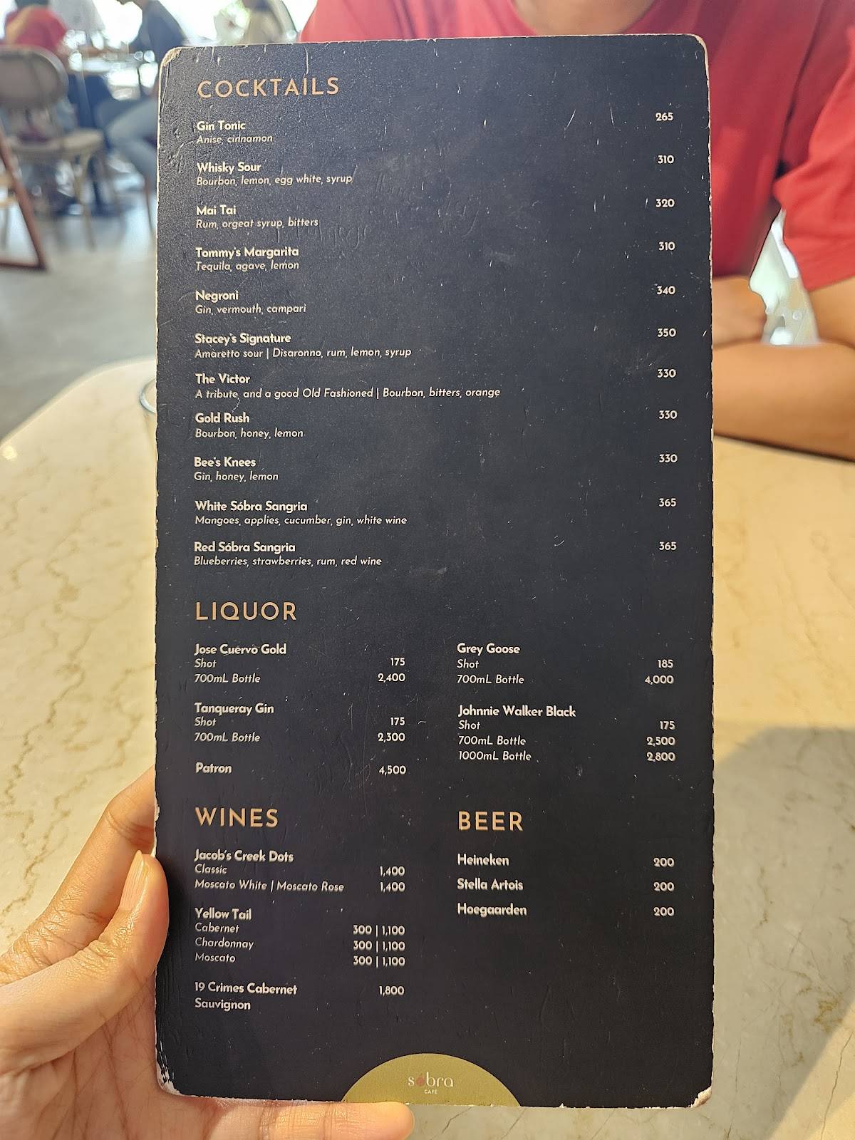 Menu at Sóbra Café restaurant, Muntinlupa