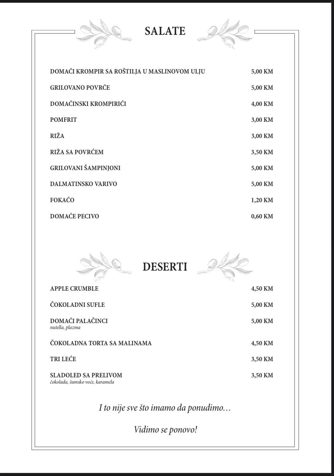 Menu at Soho cafe, Bijeljina
