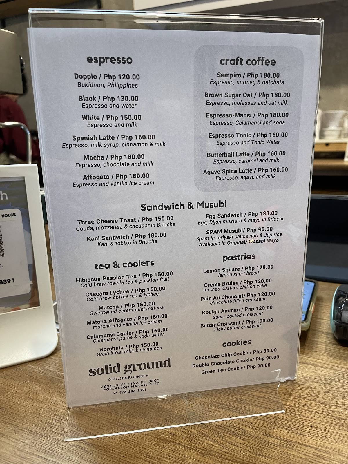 Menu at Solid Ground Coffee cafe, Makati